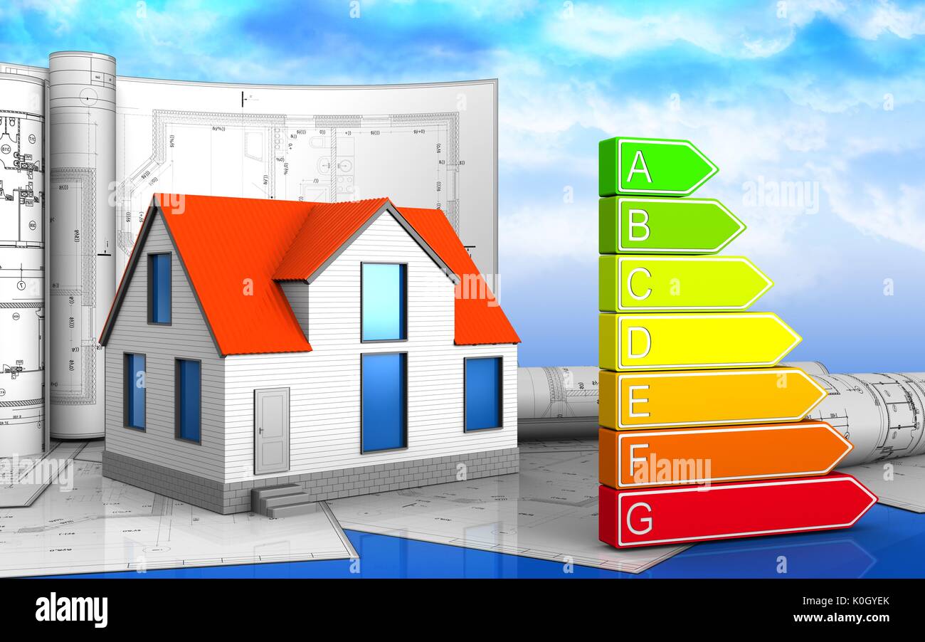3d illustration of generic house with drawings over sky background ...