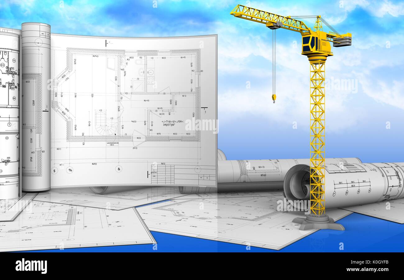 3d illustration of crane with drawings over sky background Stock Photo ...