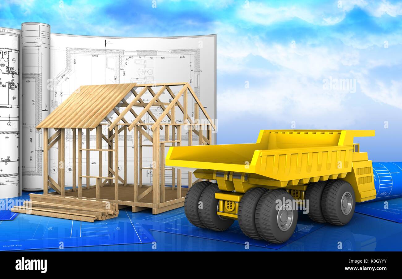 3d illustration of frame house construction with drawings over sky ...