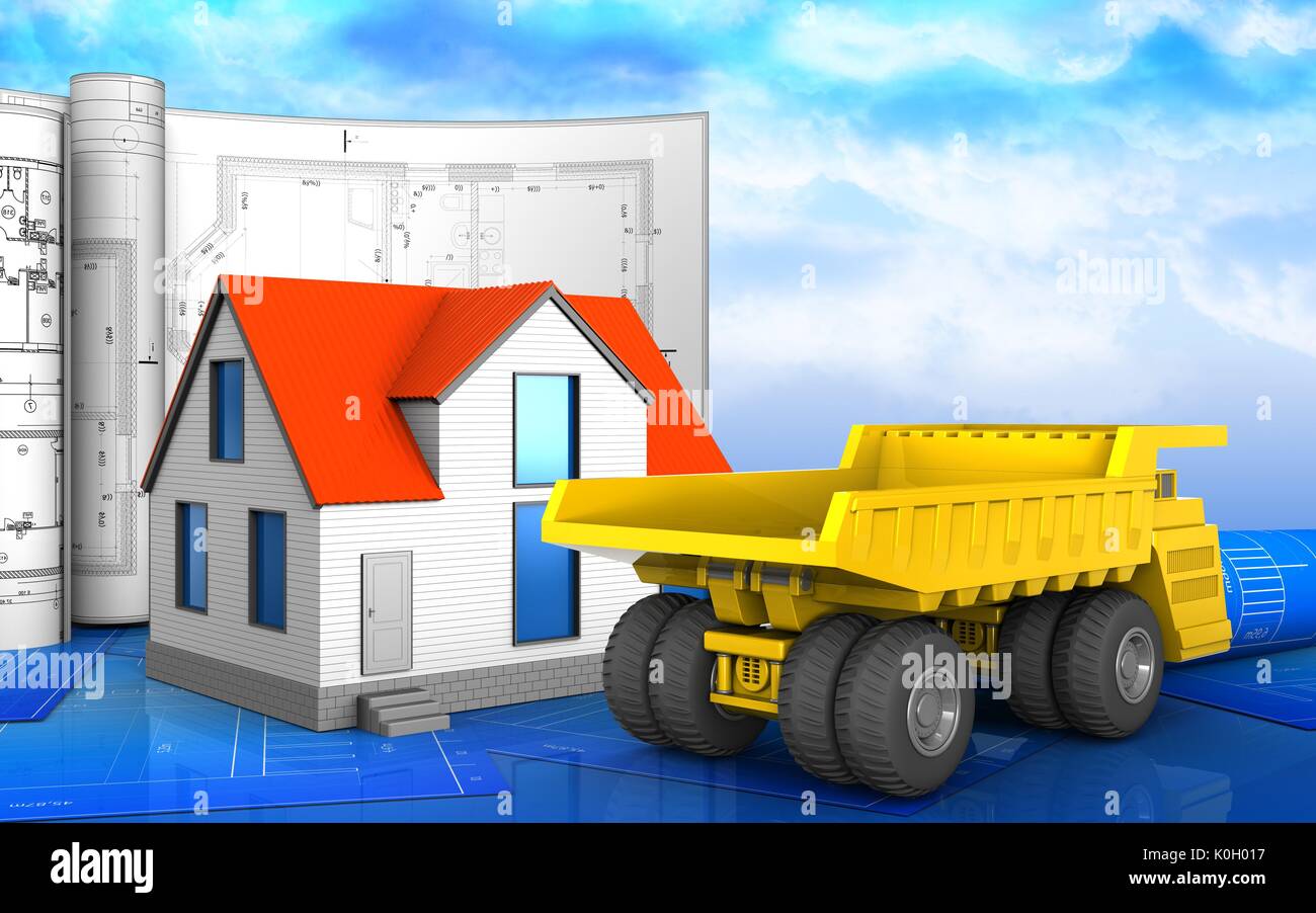 3d illustration of generic house with drawings over sky background ...