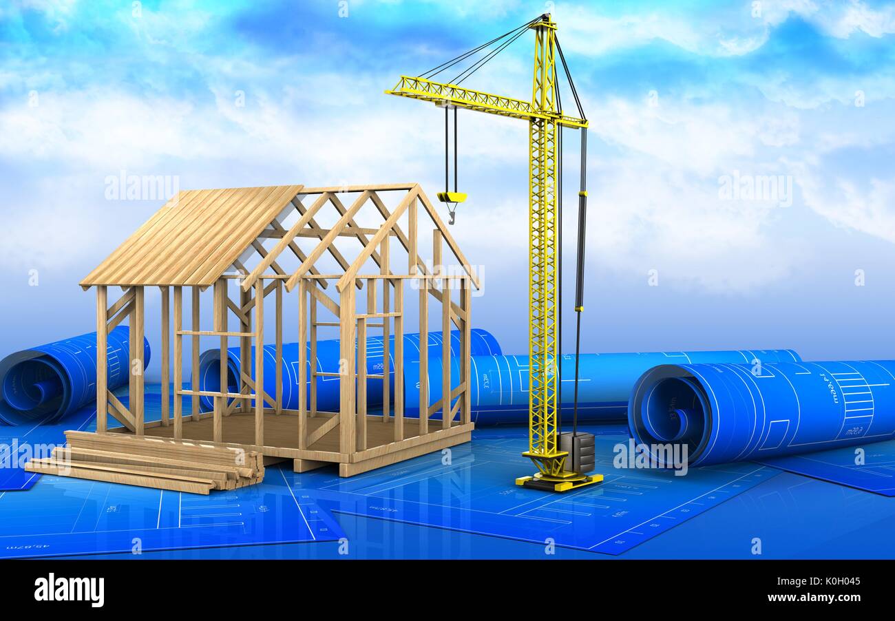 3d illustration of frame house construction over sky background Stock ...