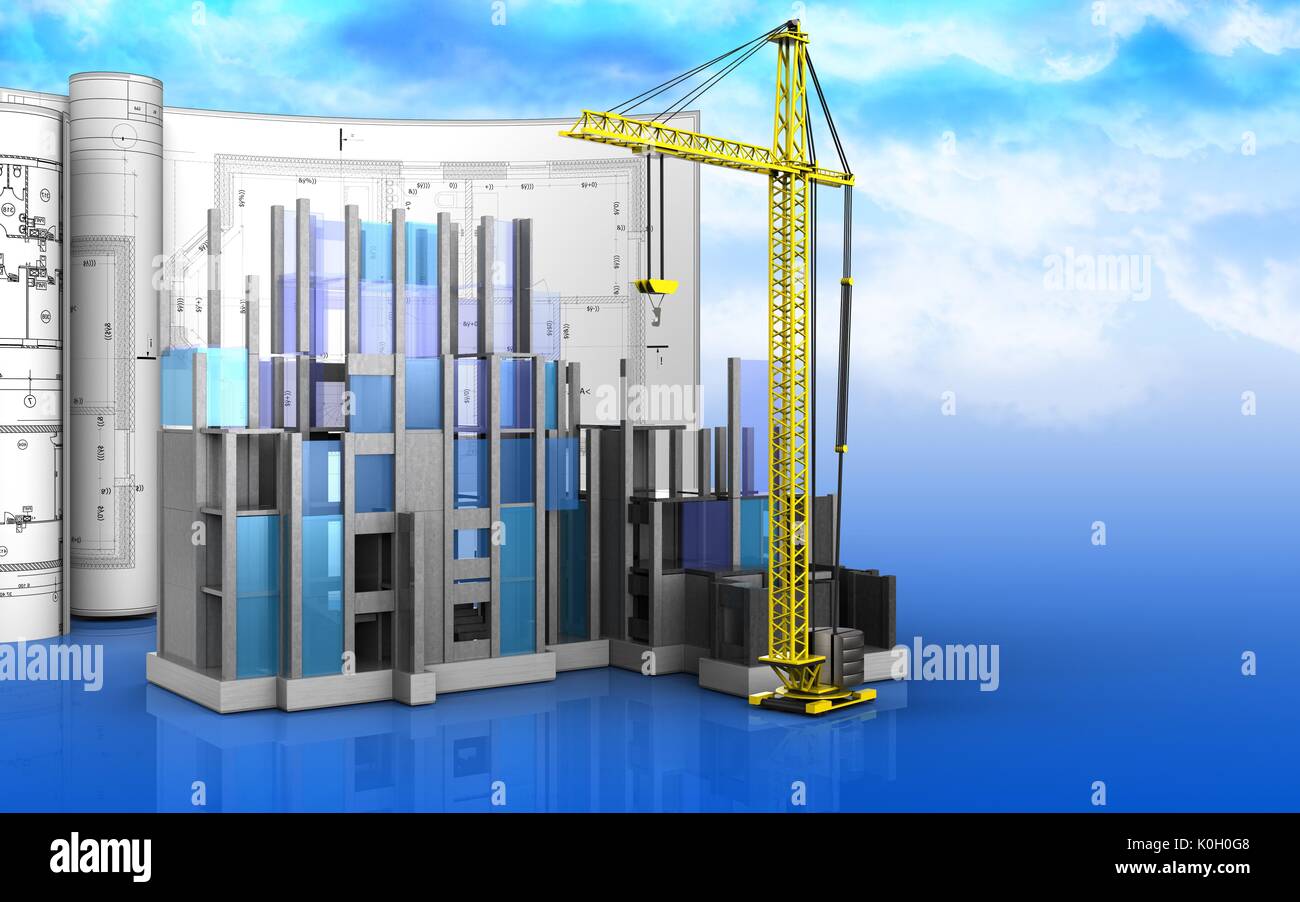 3d illustration of construction progress with drawings over sky ...