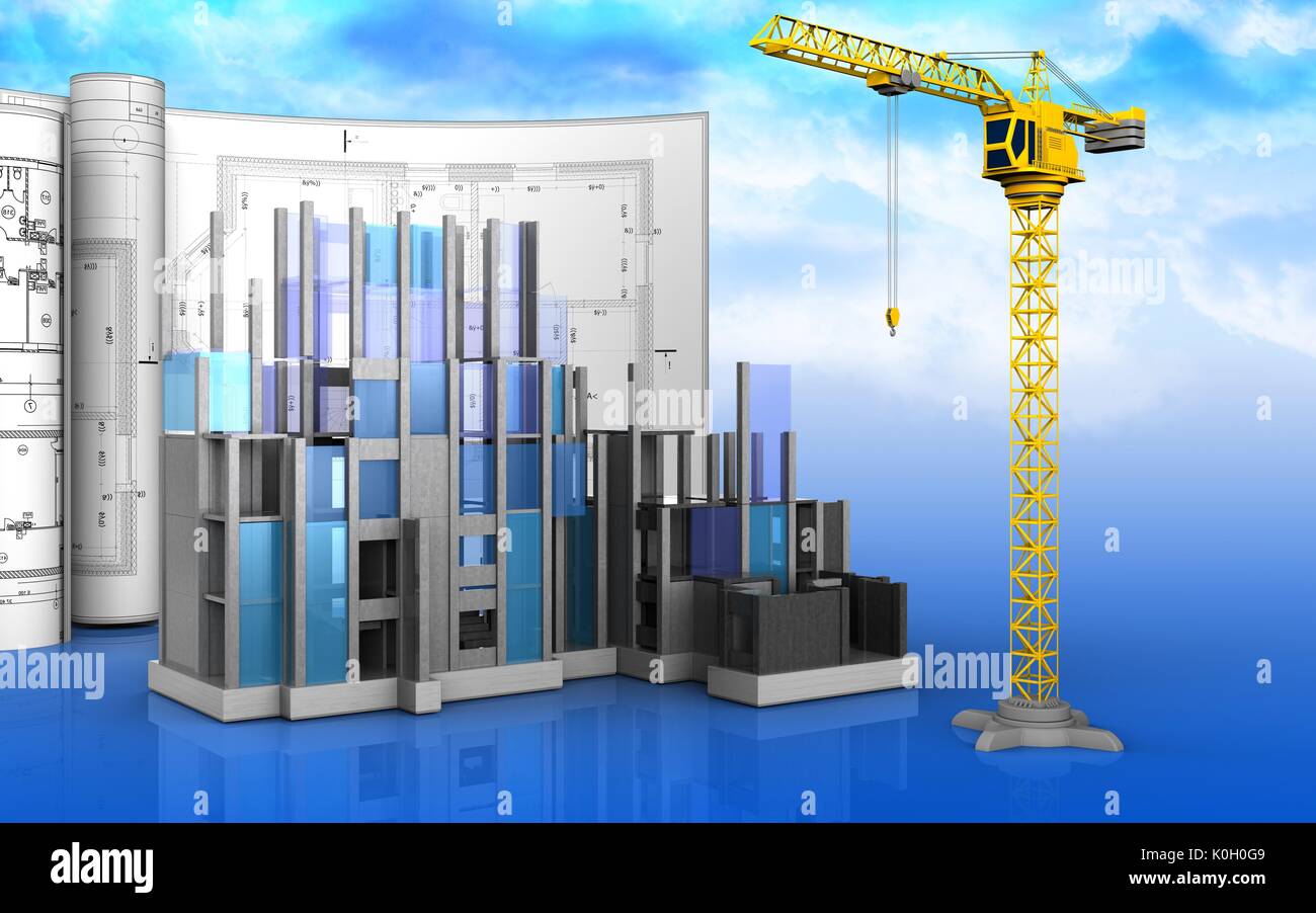 3d illustration of construction progress with drawings over sky ...