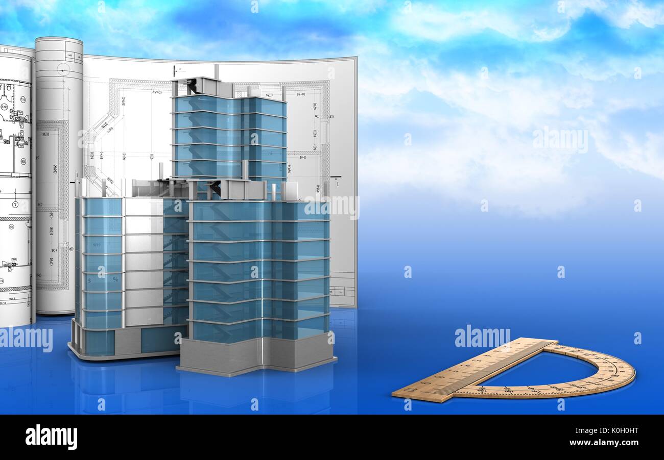 3d illustration of city quarter construction with drawings over sky ...