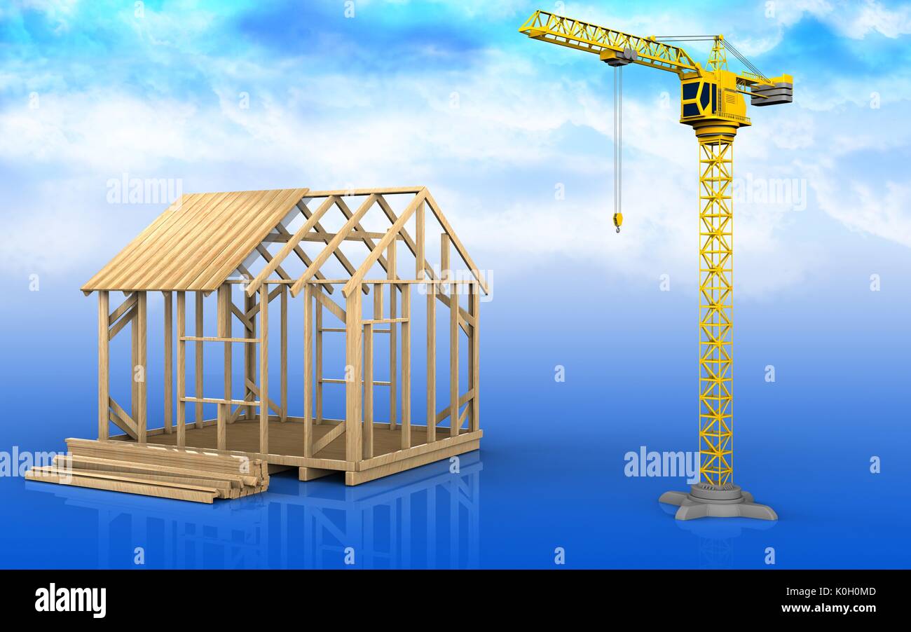 3d illustration of frame house construction over sky background Stock ...