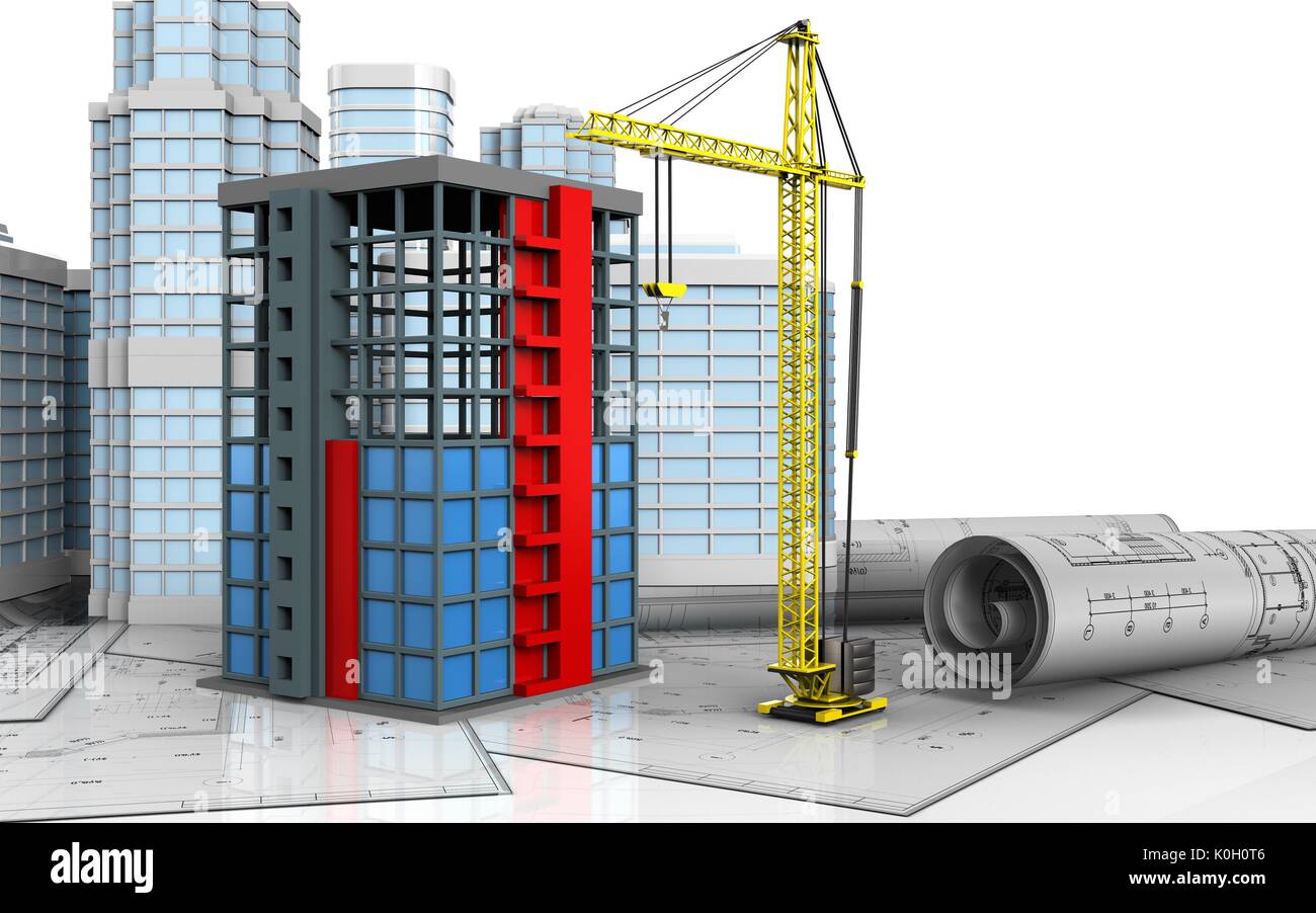 3d illustration of building construction with urban scene over white ...