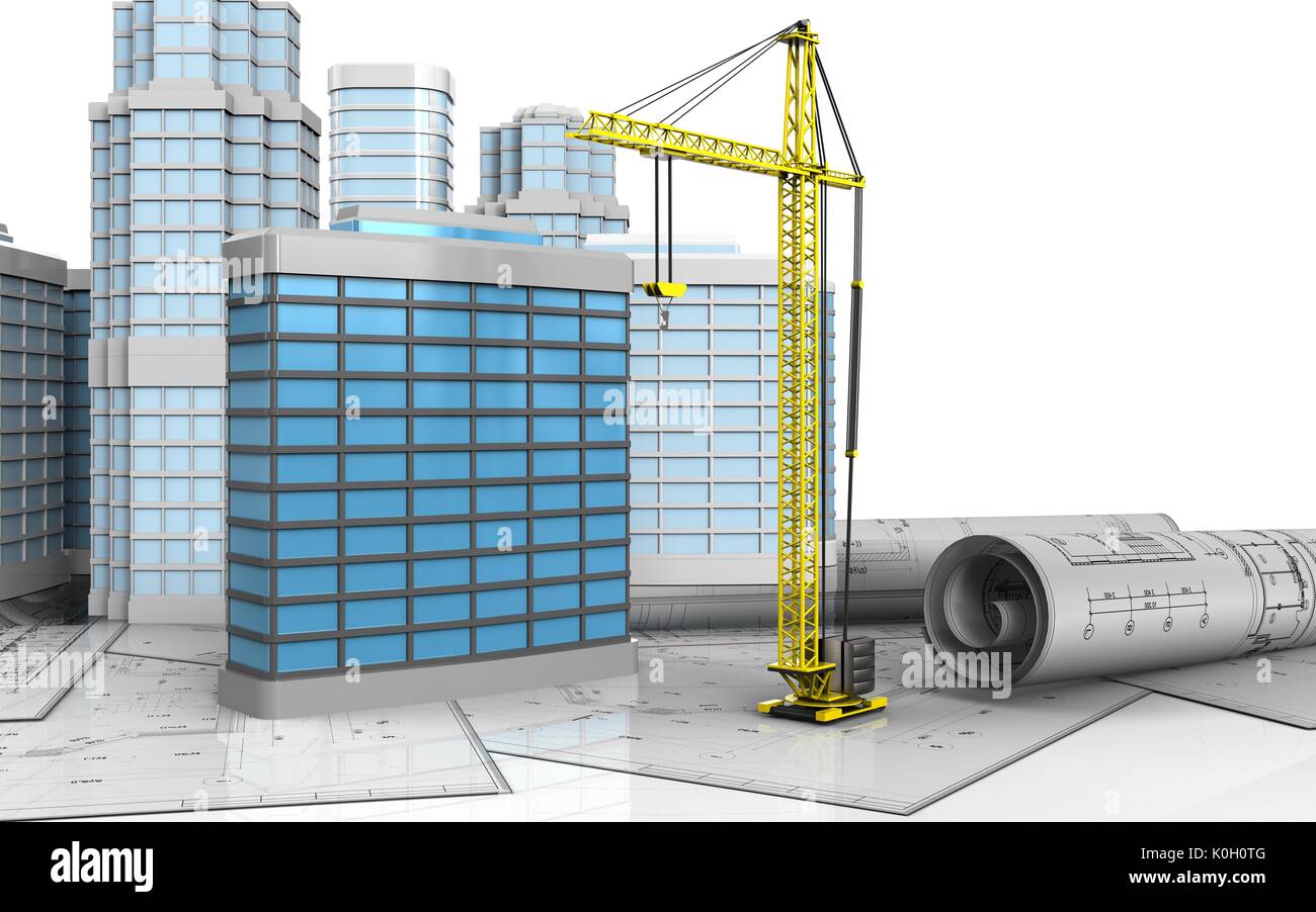 3d illustration of generic building with urban scene over white ...