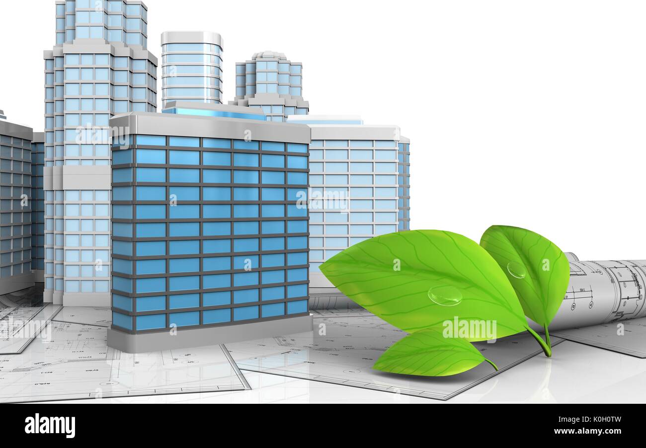 3d illustration of generic building with urban scene over white ...
