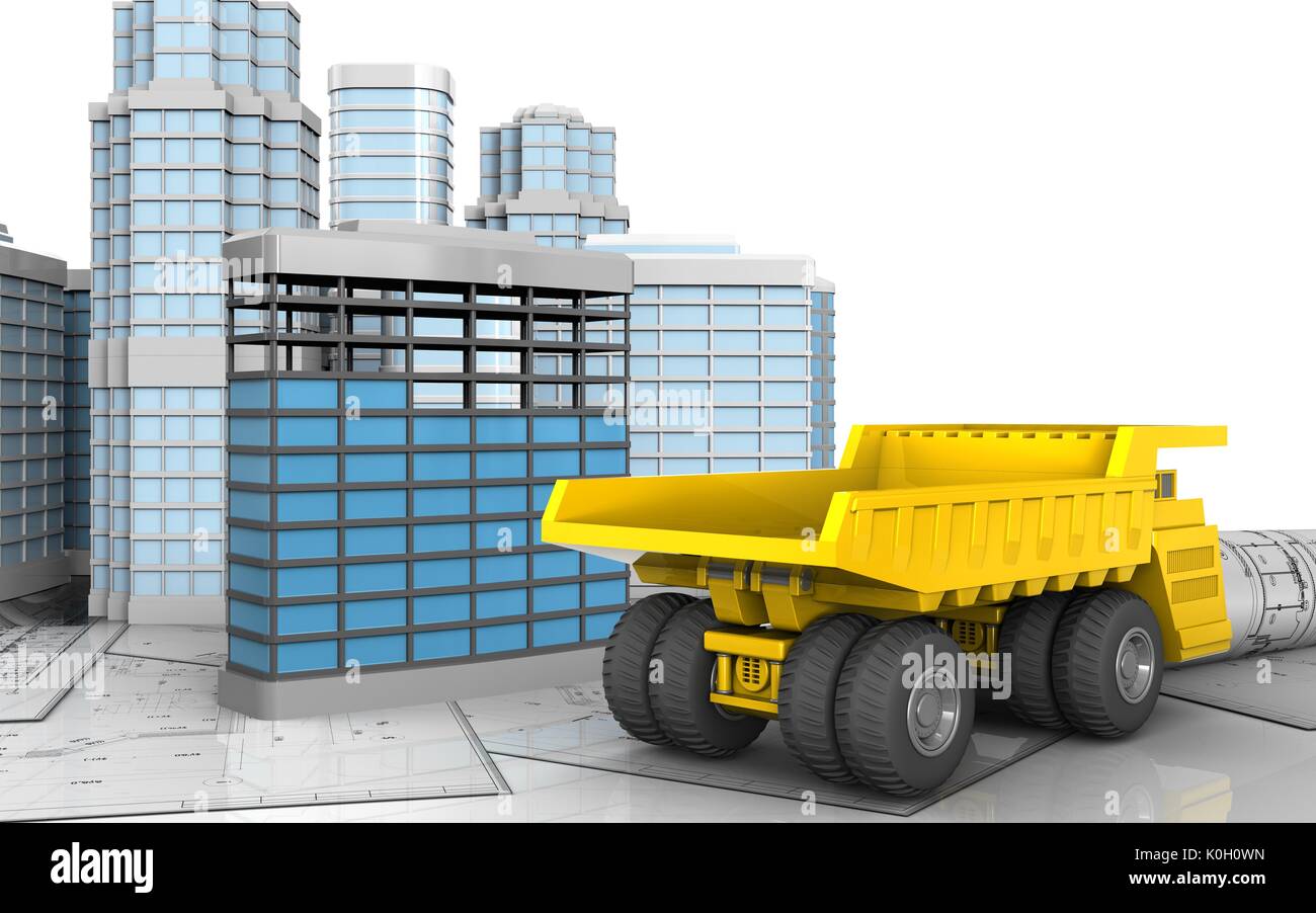 3d illustration of building construction with urban scene over white ...