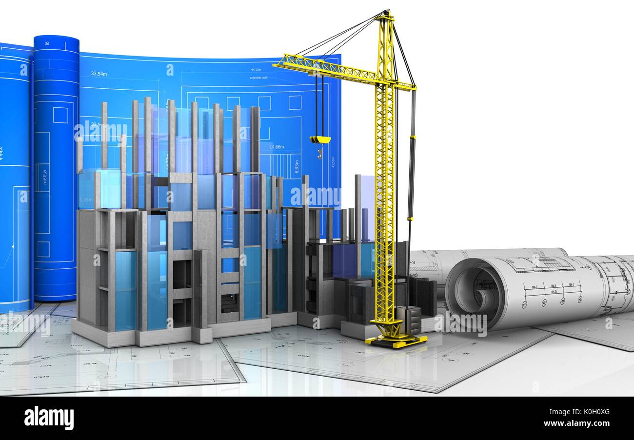 3d illustration of construction progress with drawing roll over white ...