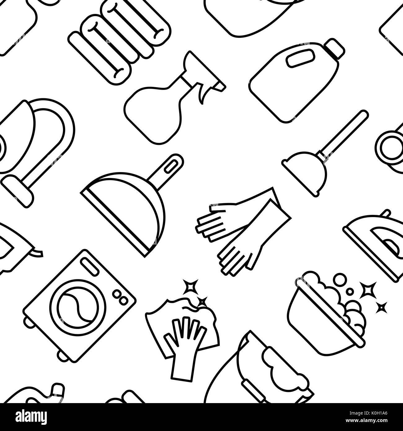 Cleaning, wash line icons. Washing machine, sponge, mop, iron, vacuum ...