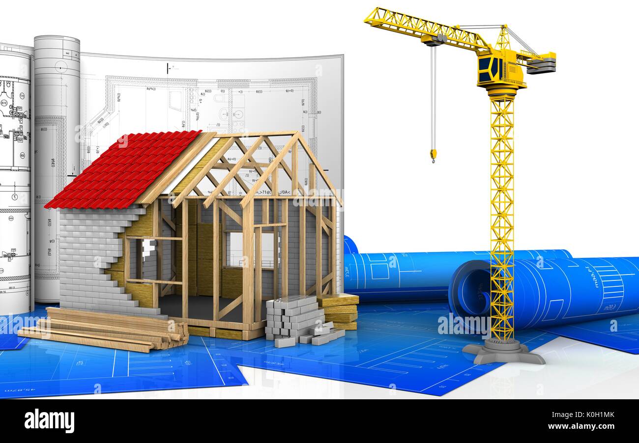 3d illustration of frame house with drawings over white background ...
