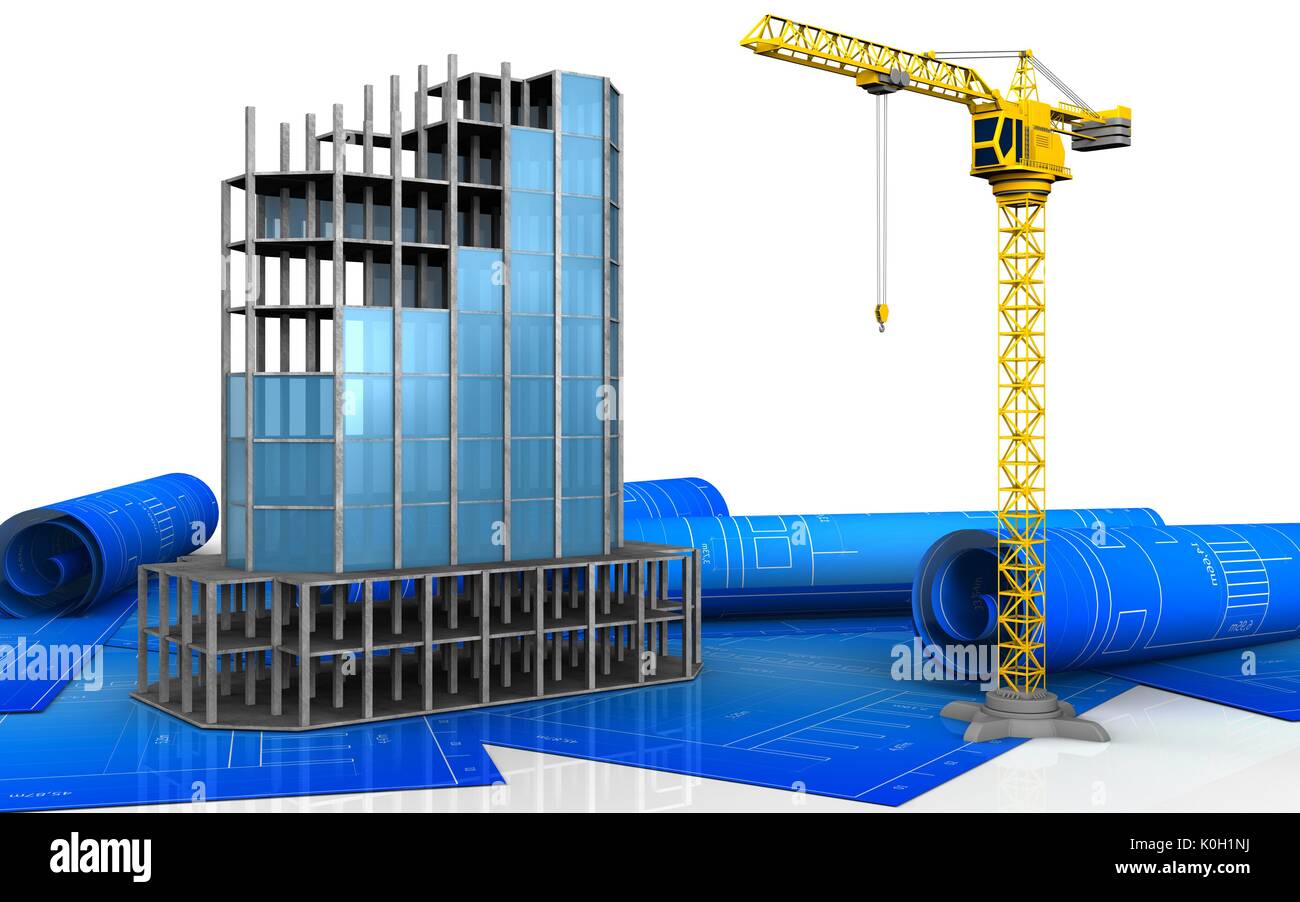 3d illustration of modern building frame over white background Stock ...