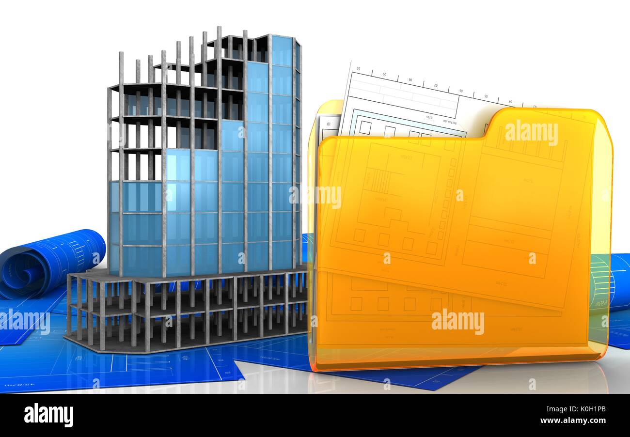 3d illustration of modern building frame over white background Stock ...