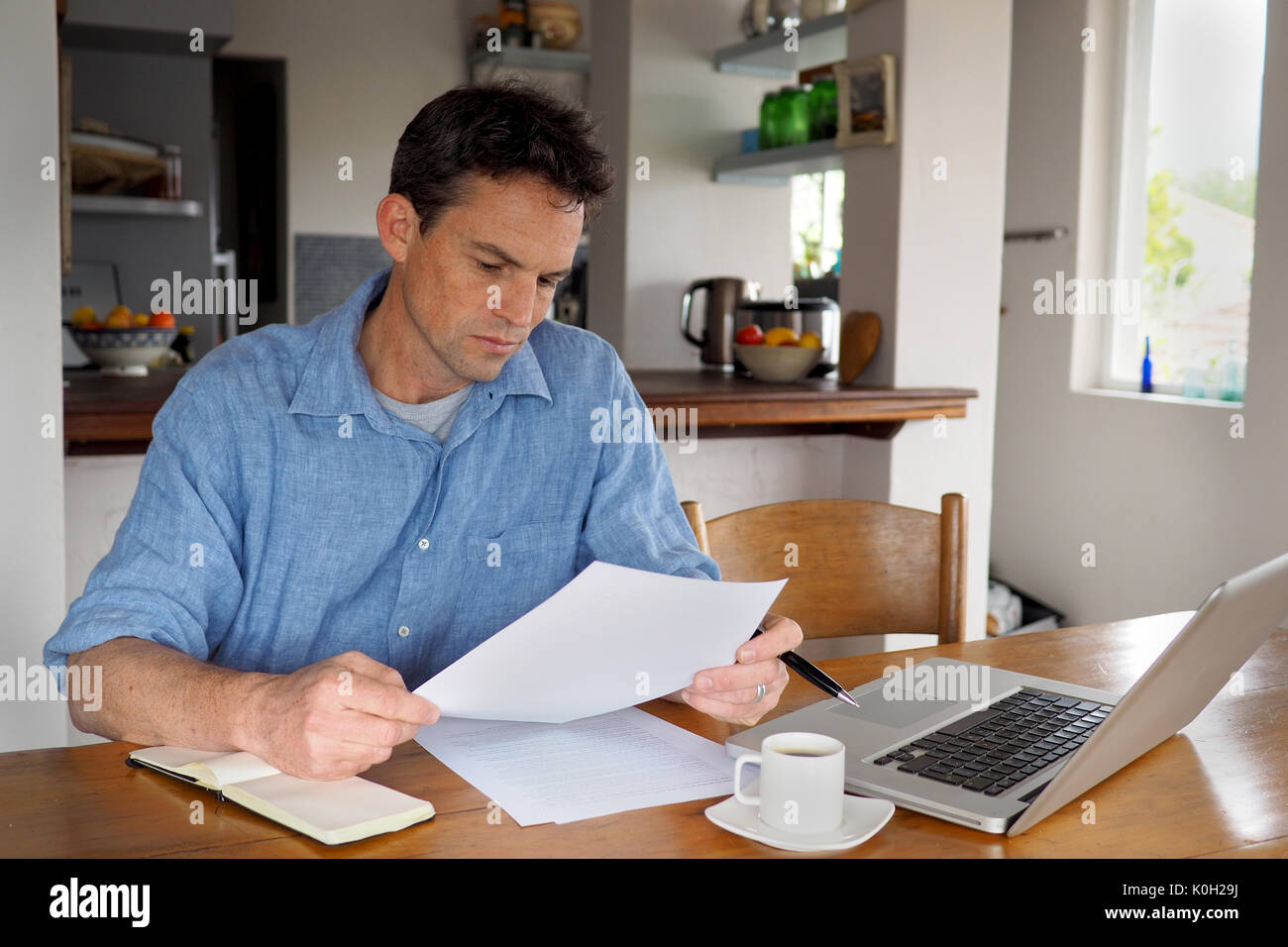 Man reading a document in home office environment Stock Photo - Alamy