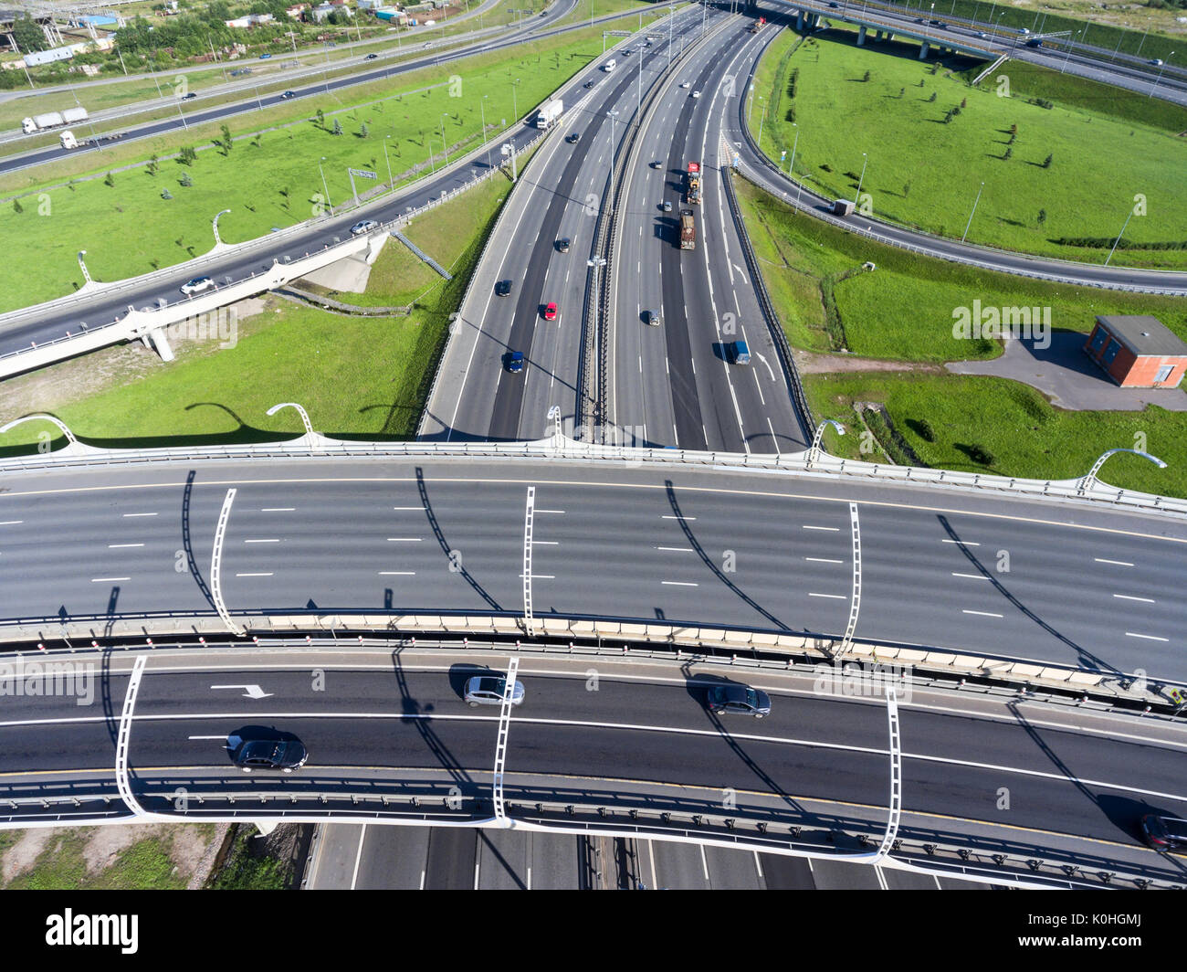 Aerial view at the interchanges of urban highways. St. Petersburg ...