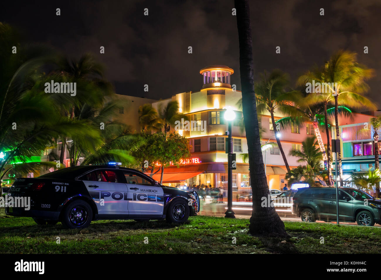 Miami Beach Florida Ocean Drive Night Evening Lummus Park Hotels Neon
