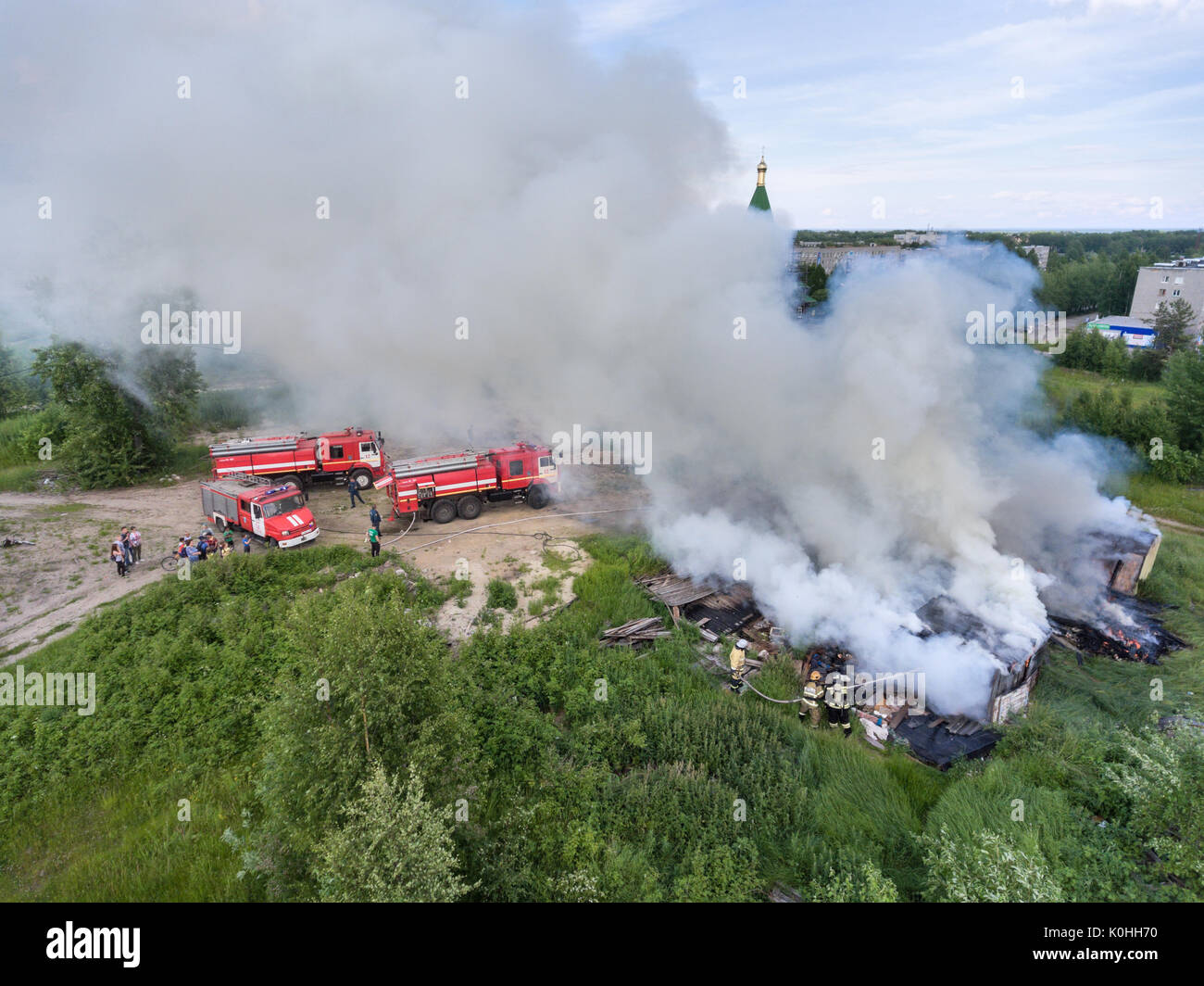 SEGEZHA, KARELIA, RUSSIA - CIRCA JUN, 2017: Normal-pressure fire stream ...