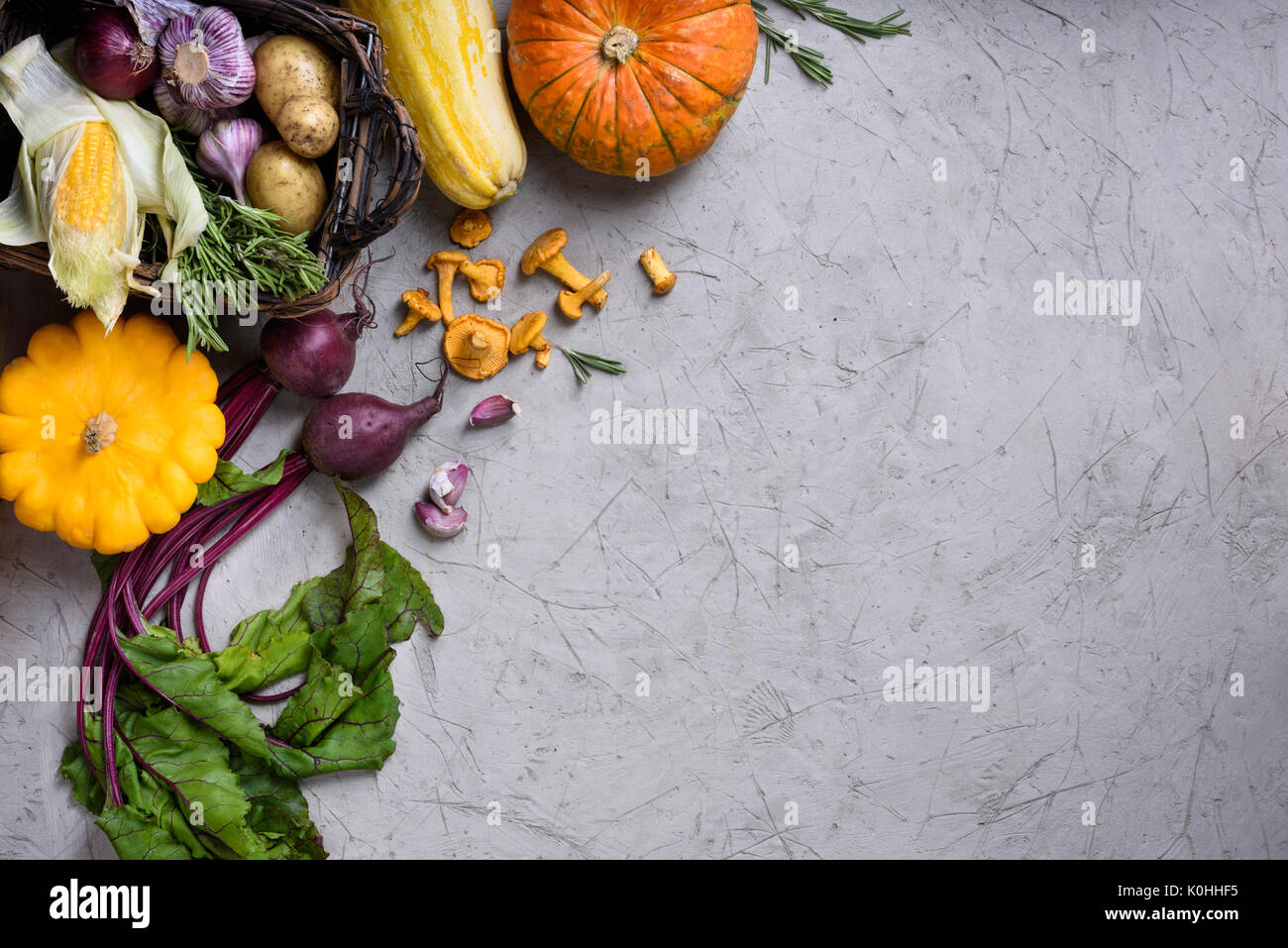 Organic food background. Autumn vegetables and mushrooms harvest. Copy ...