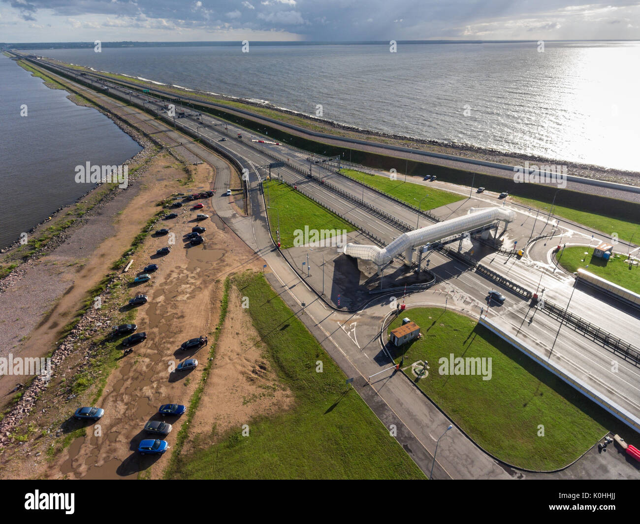 City ring road along the dam across the Gulf of Finland. St. Petersburg ...