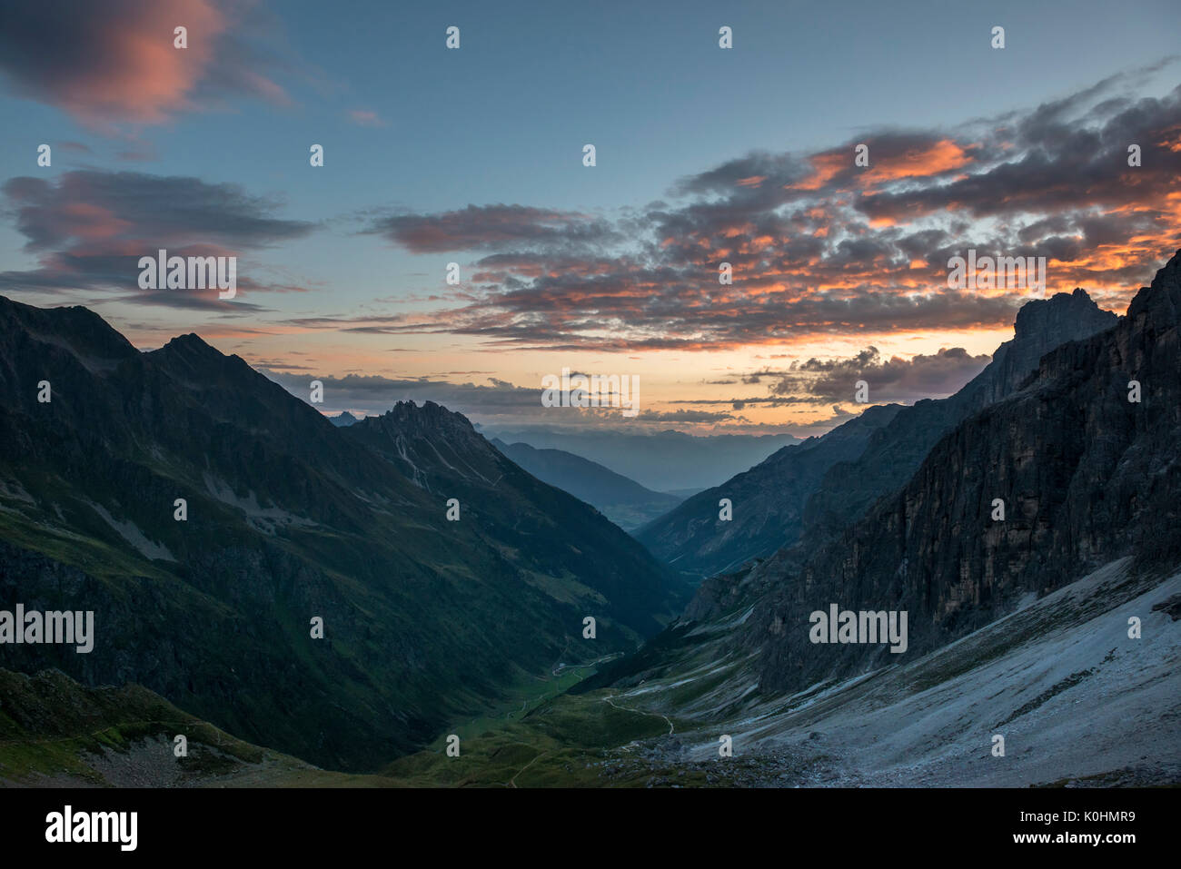 Stubai Alps, Tyrol, Austria. Sunrise over the Pinnis Valley in the ...