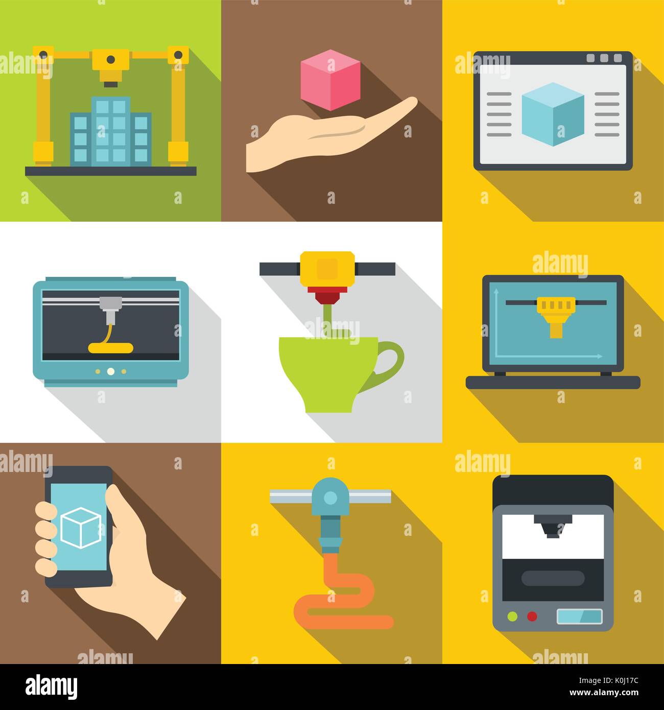 Three dimensional printing machine icons set Stock Vector Image & Art ...