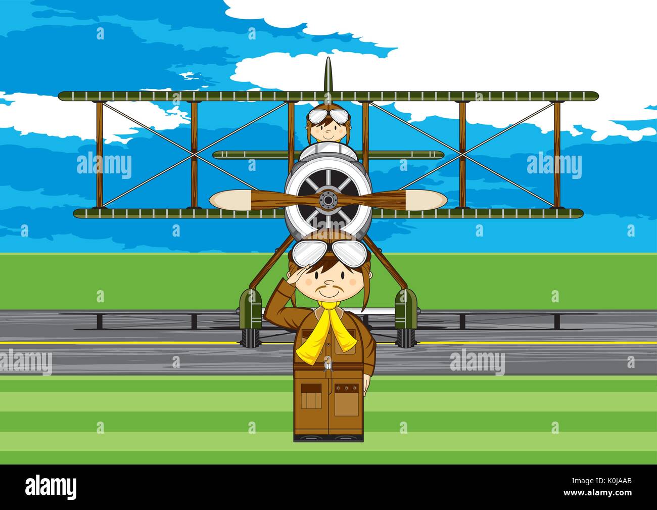 Cartoon Vintage Bi Plane and Pilots Vector Illustration Stock Vector ...