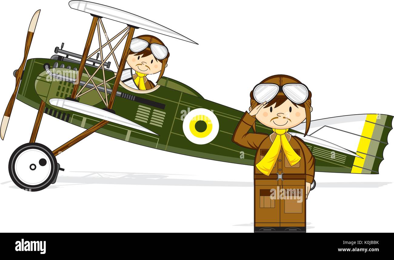 Cartoon Vintage Bi Plane and Pilots Vector Illustration Stock Vector ...