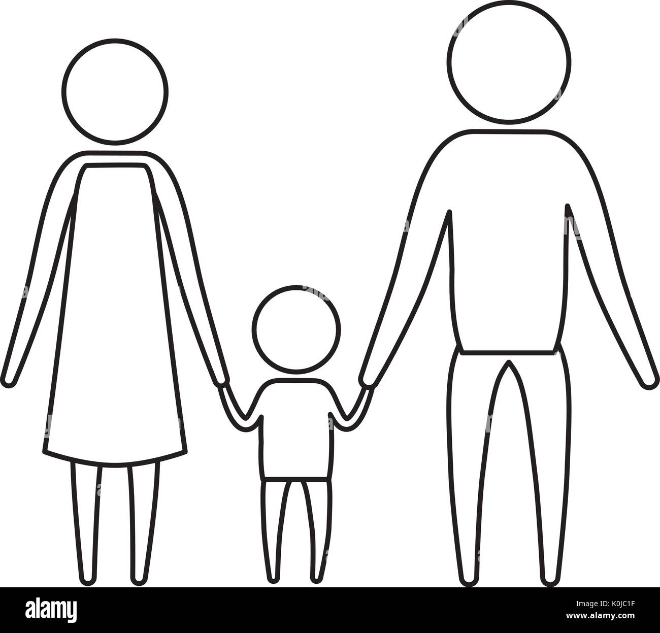 sketch silhouette of pictogram parents with a little boy holding hands ...
