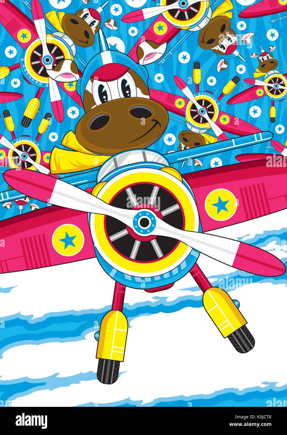Cartoon Vintage Plane and Cute Cow Pilot Pattern Stock Vector Image ...