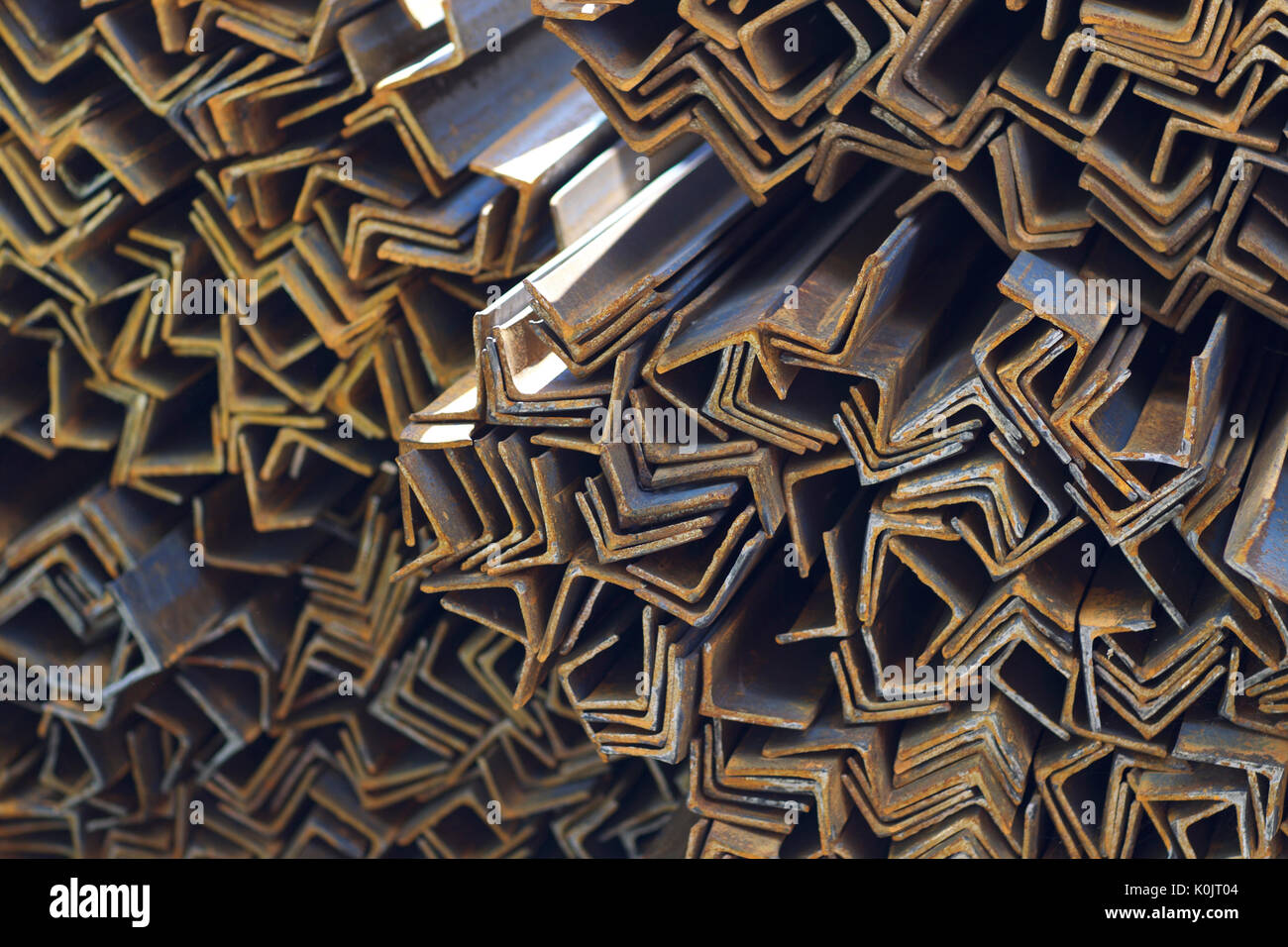 Metal profile angle in packs at the warehouse of metal products, Russia ...