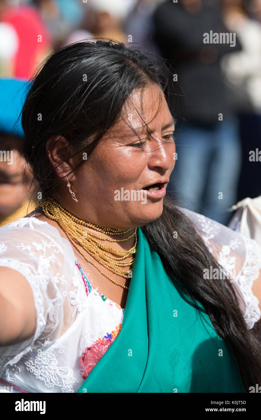 July 1, 2017 Cotacachi, Ecuador: a chantingKichwa woman celebrating ...