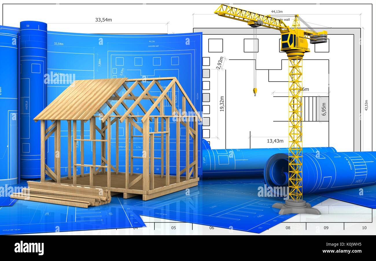 3d illustration of frame house construction with drawing roll over ...