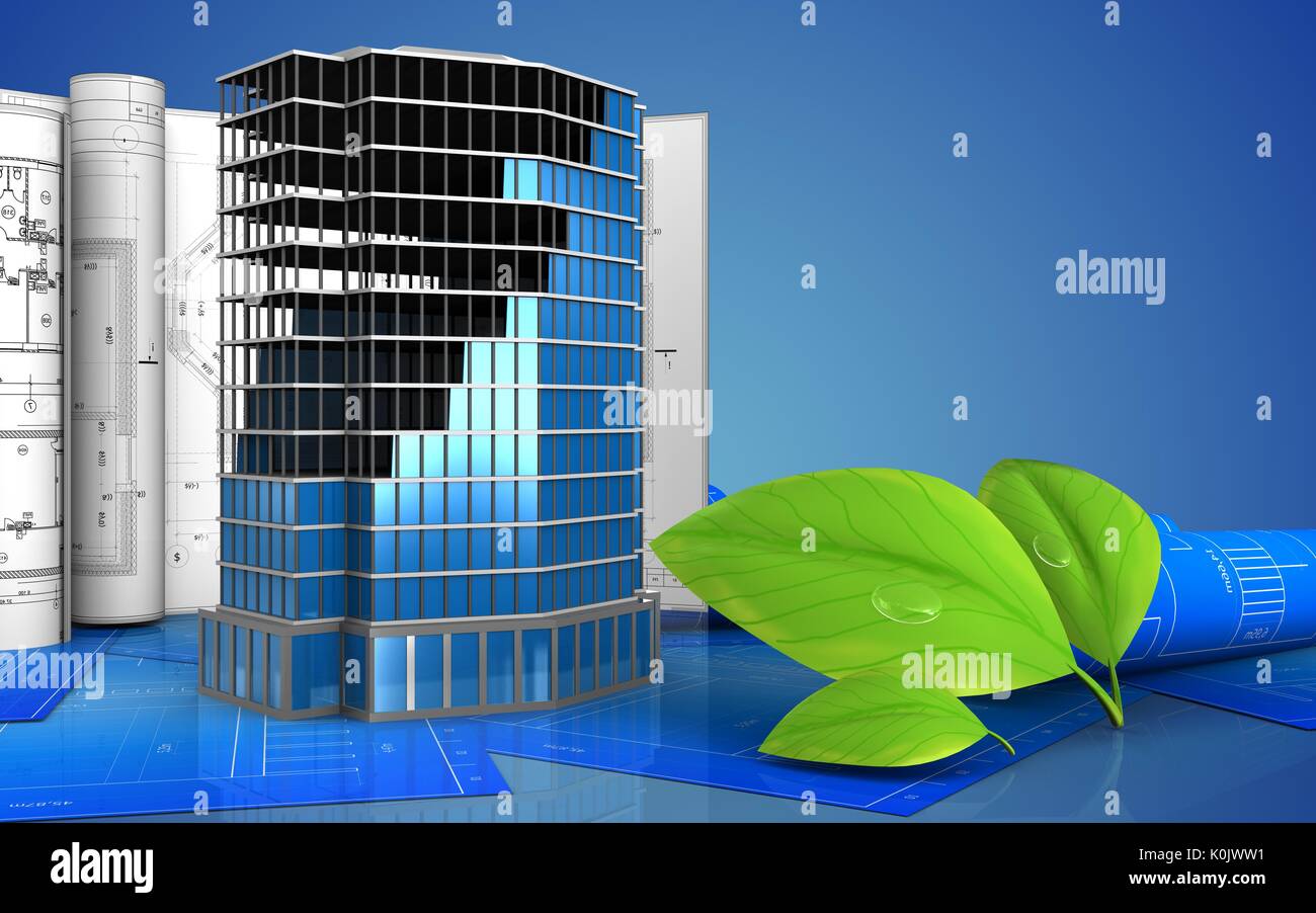 3d illustration of office building construction with drawings over blue ...