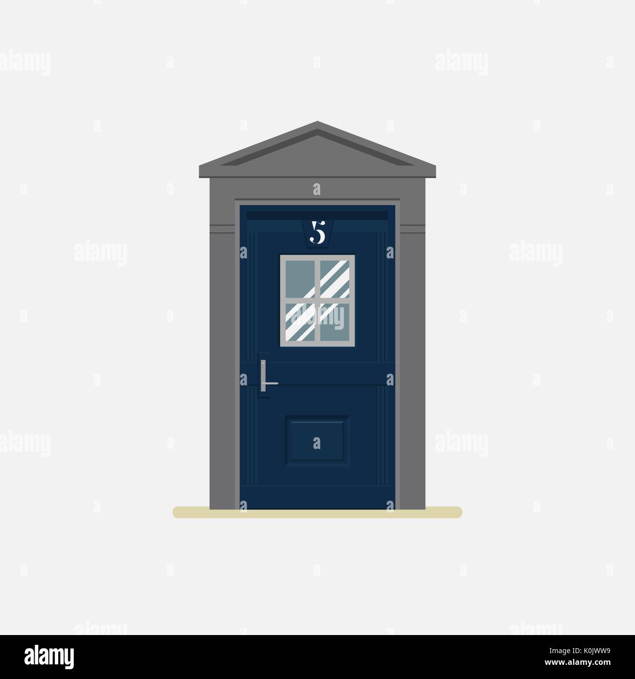 Exterior entrance closed front blue door with window.Flat vector ...