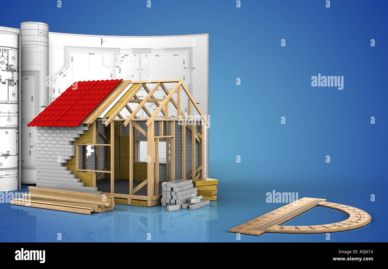 3d illustration of frame house with drawings over blue background Stock ...