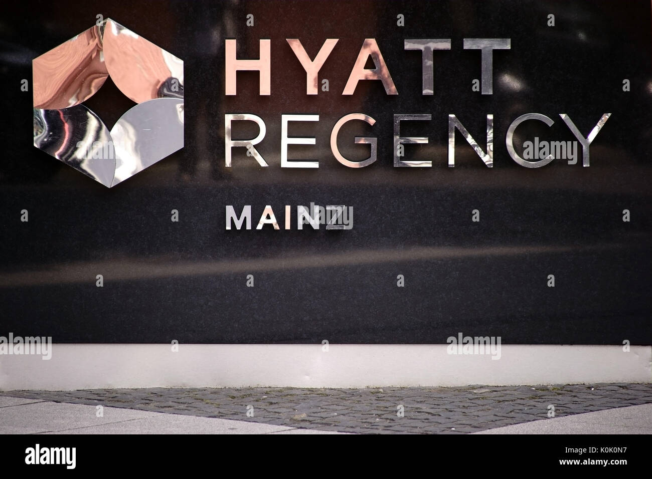 Mainz, Germany - August 21, 2017: The entrance sign of the Hotel Hyatt ...