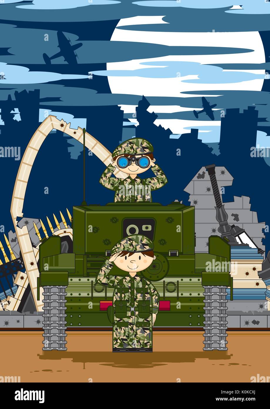 Cartoon Military Tank and Camouflaged Soldiers Vector Illustration ...