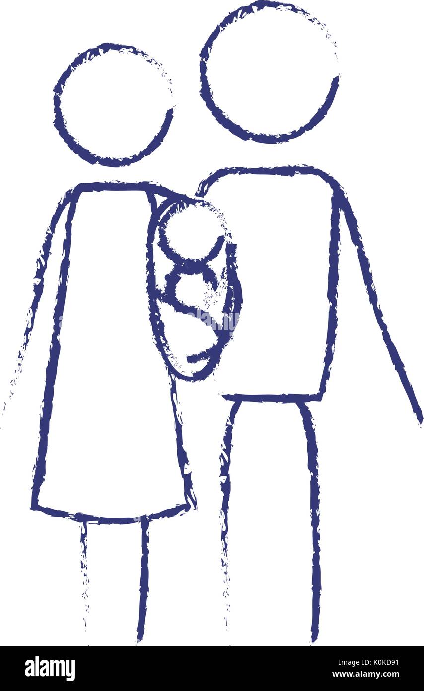 blurred blue contour of pictogram parents with a baby girl wrapped in a ...