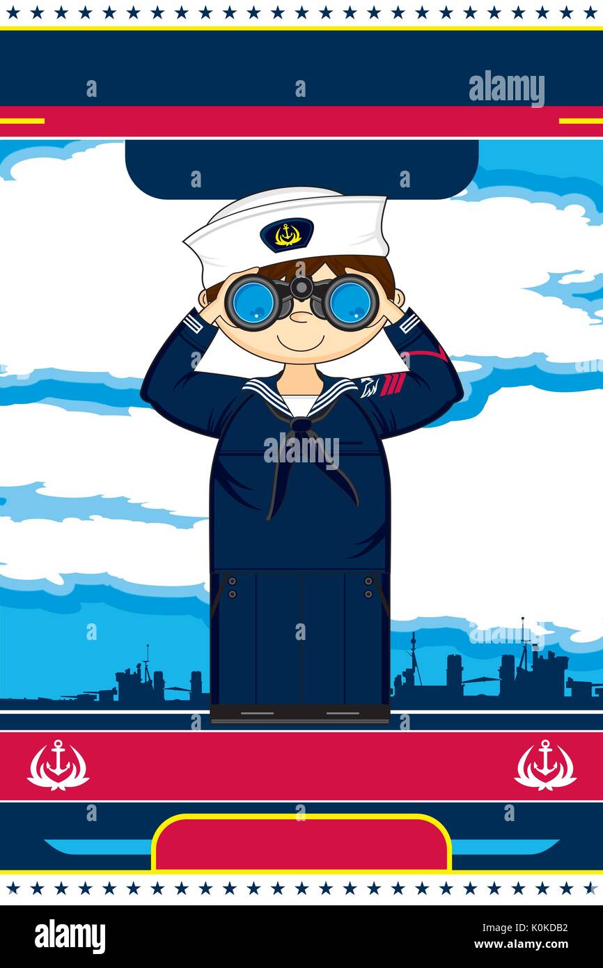 Cute Cartoon Navy Sailor with Binoculars Vector Illustration Stock ...