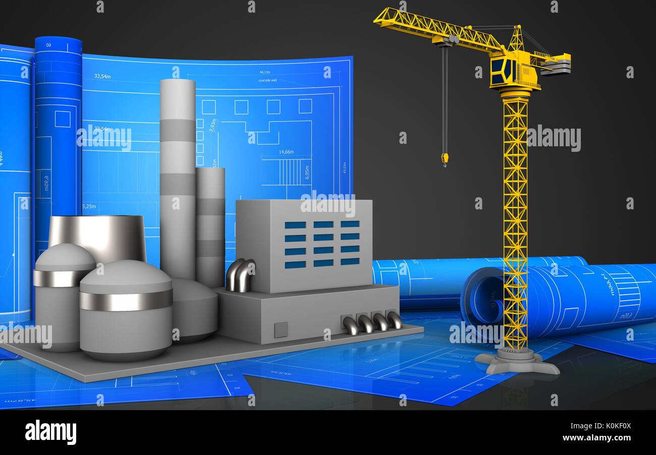 3d illustration of factory with drawing roll over black background ...
