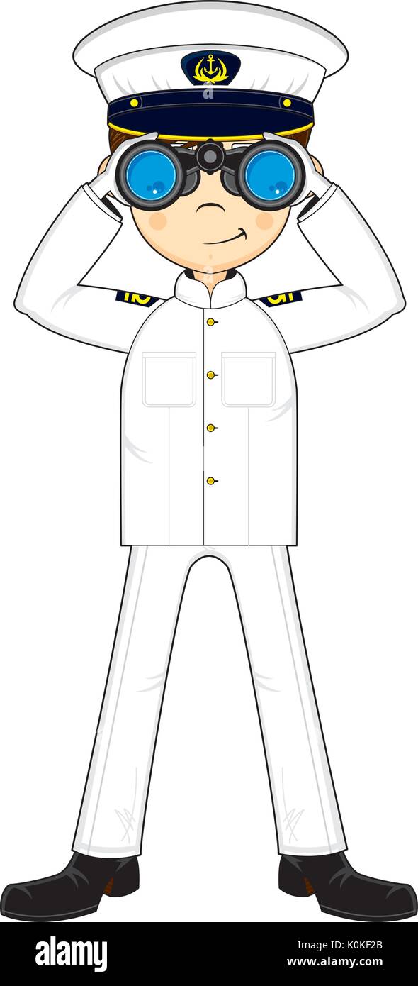 Cute Cartoon Navy Officer with Binoculars Vector Illustration Stock ...