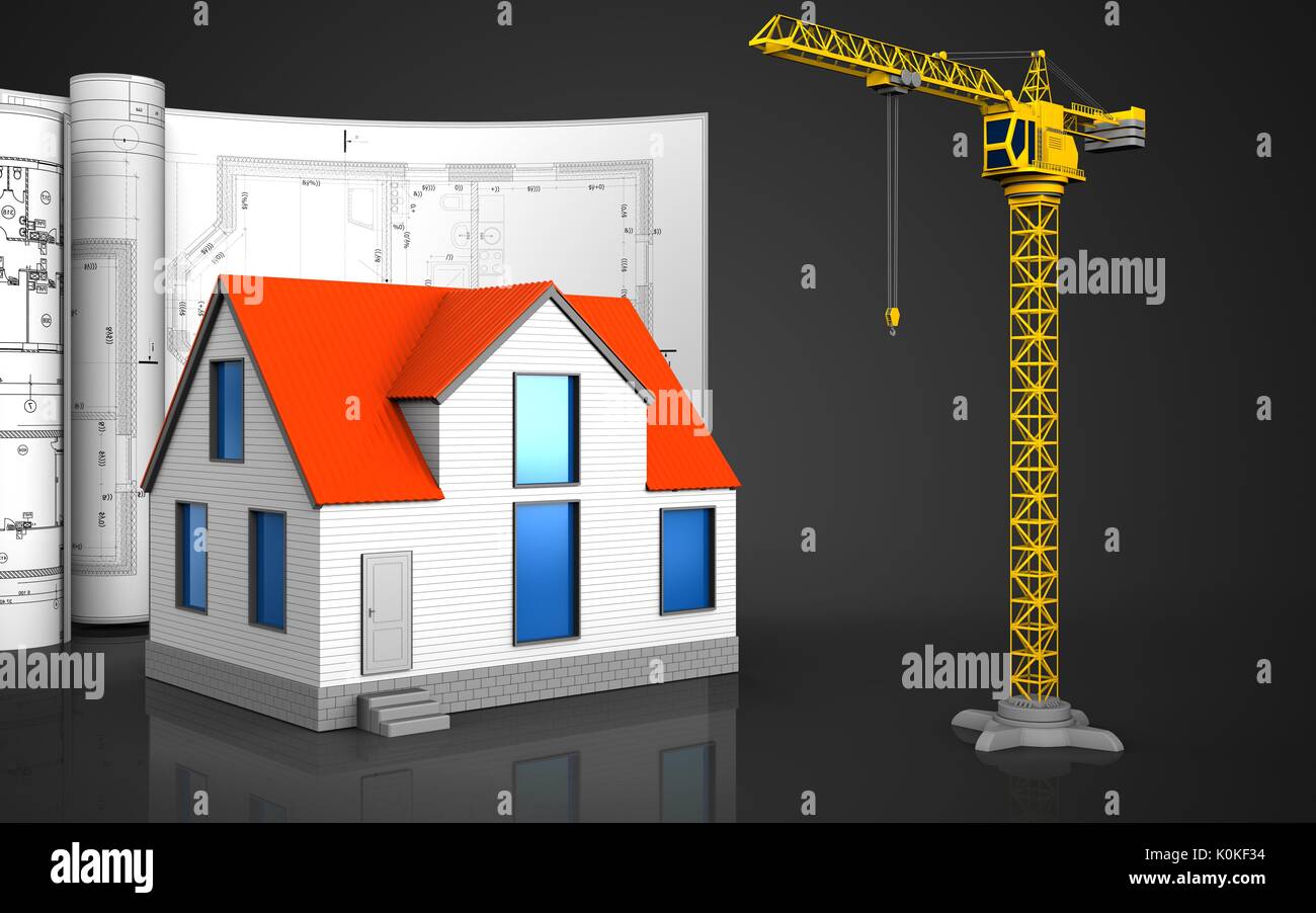 3d illustration of generic house with drawings over black background ...