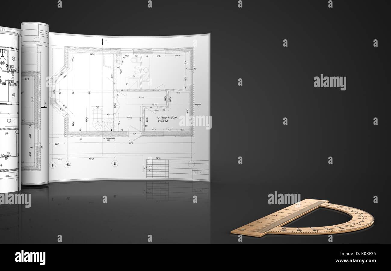 3d illustration protractor with drawings over black background Stock ...