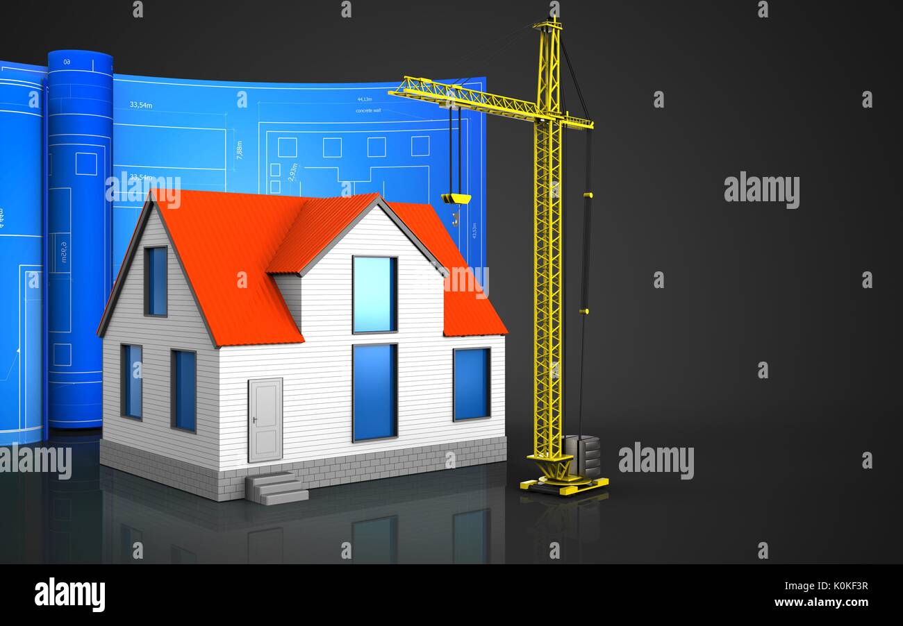 3d illustration of generic house with drawing roll over black ...
