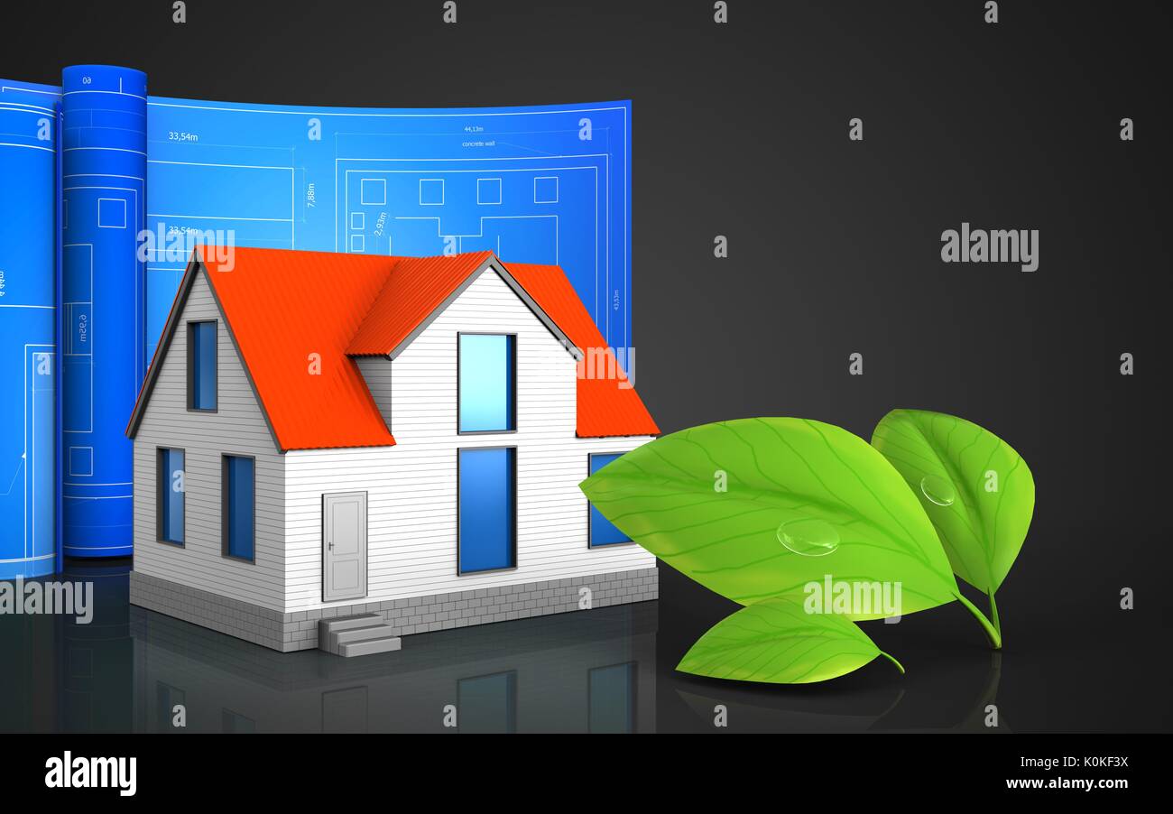 3d illustration of generic house with drawing roll over black ...