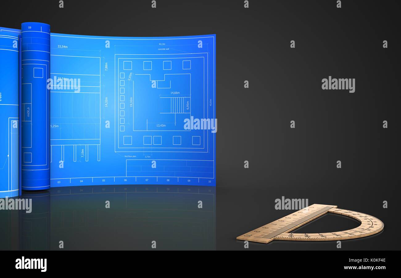 3d illustration protractor with drawing roll over black background ...