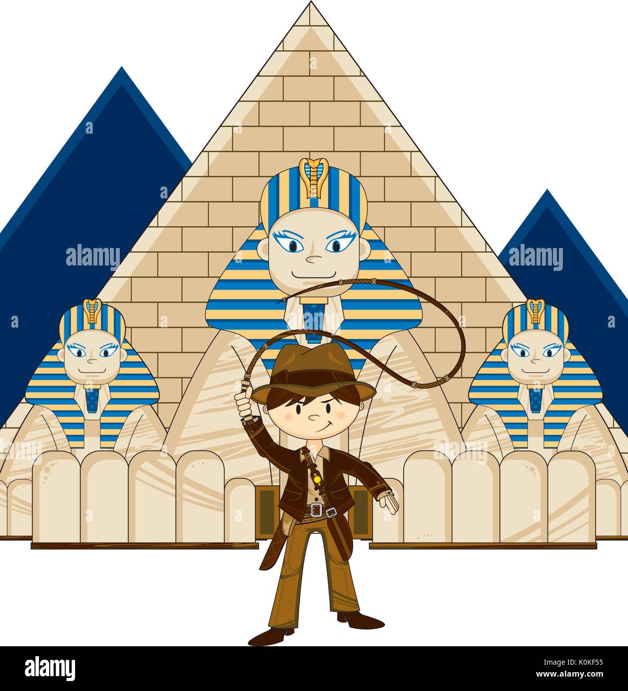 Cute Cartoon Explorer Character with Egyptian Sphinx and Pyramids ...
