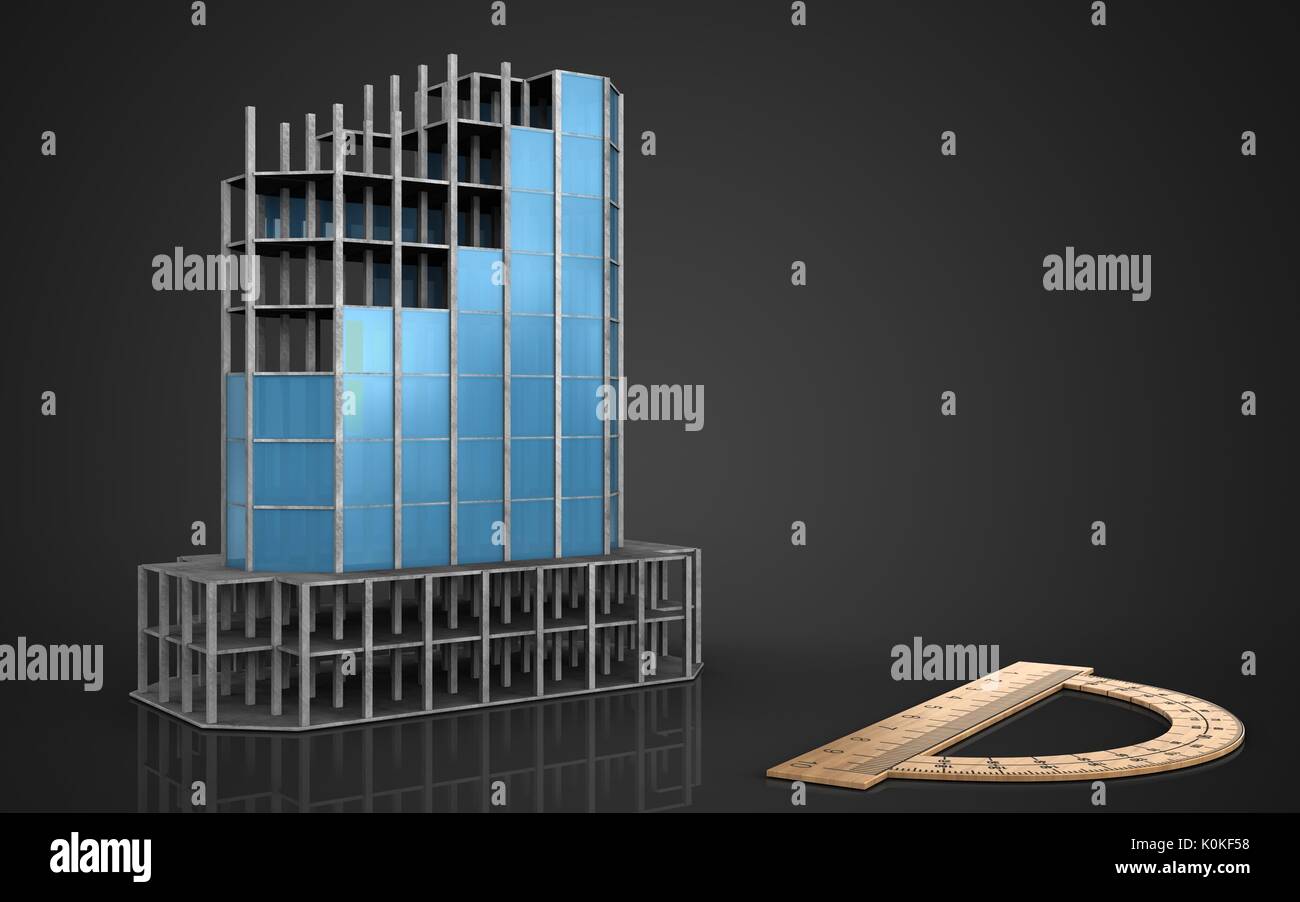 3d illustration of modern building frame over black background Stock ...
