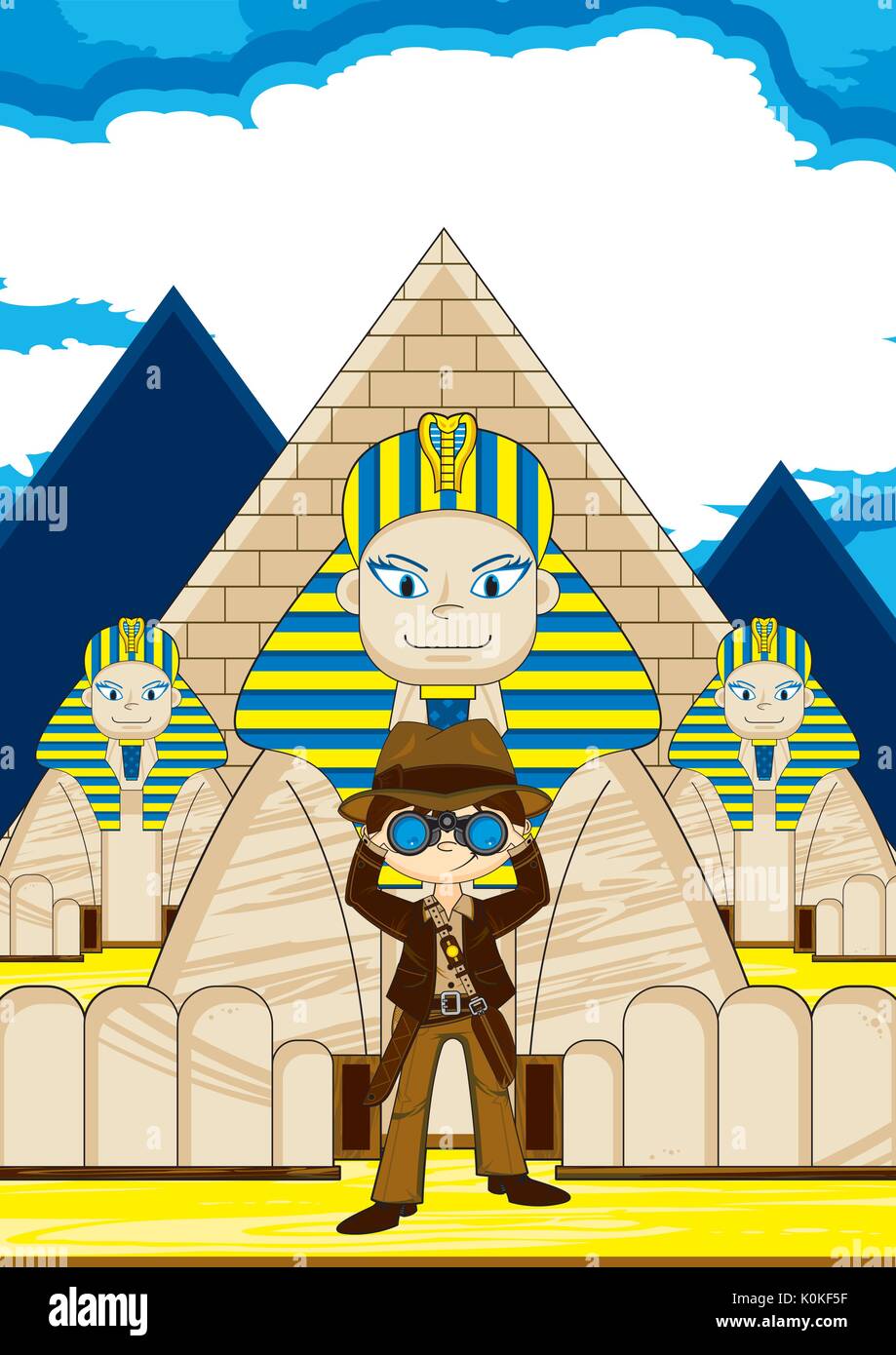 Cute Cartoon Explorer Character with Egyptian Sphinx and Pyramids ...